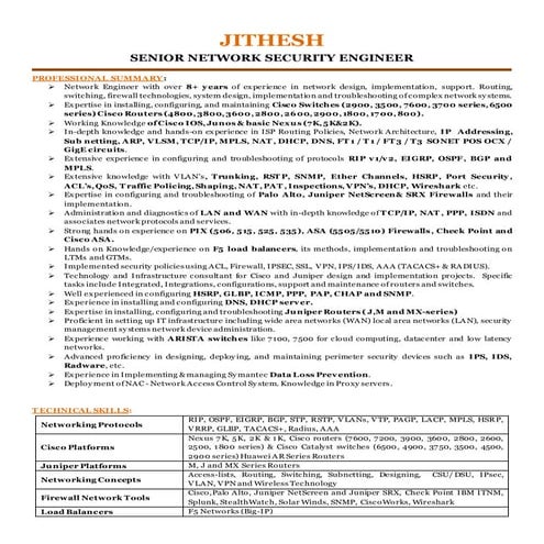 Jithesh_Sr Network Engineer | DOCX | Computer Networking | Computing