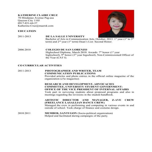 Katherine Claire Cruz DLSU Resume Updated | DOC