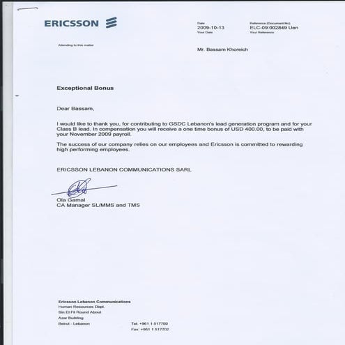 Exceptional Bonus from Ericsson from Ola Gammal ( reference) | PDF