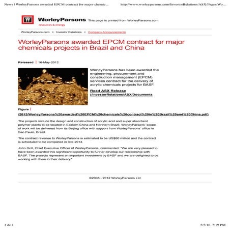 News | WorleyParsons awarded EPCM contract for major chemicals projects ...