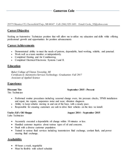 Xavier Tisdell Resume | DOCX | Auto Repair | Automotive