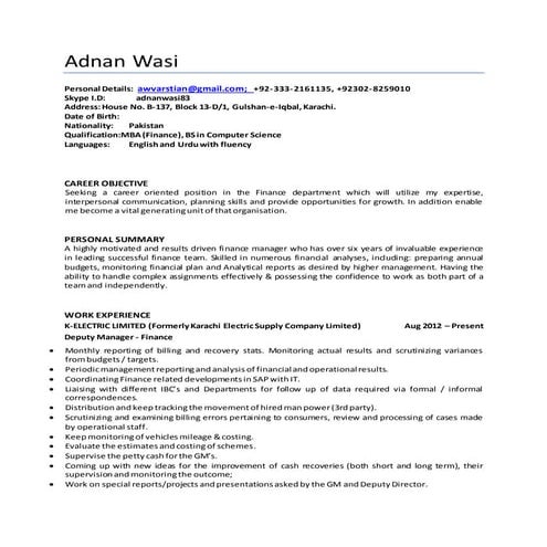 Adnan Wasi Resume | DOCX | Business Administration | Business