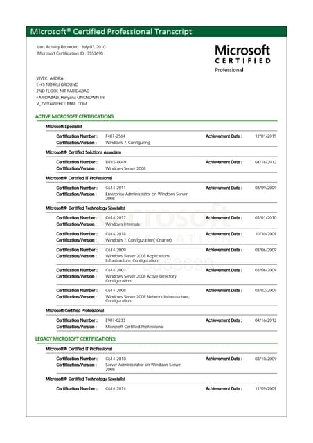 Microsoft Learning Transcript | PDF | Computing | Technology & Computing