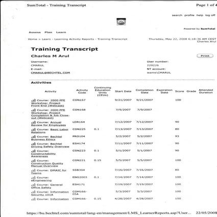 Bechtel University OnlineTraining Transcript | PDF