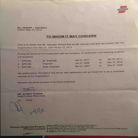 Experience Letter (Descon) | PDF