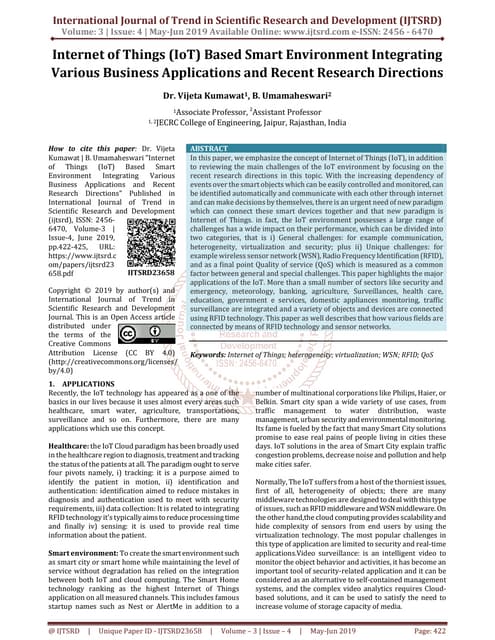 Internet of Things Insights of Applications in Research and Innovation to Integrated Ecosystem | PDF