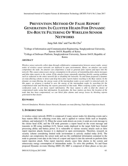 Prevention Method Of False Report Generation In Cluster Heads For Dynamic En Route Filtering Of