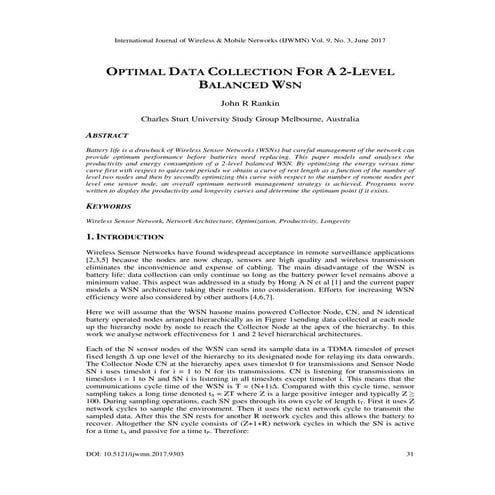 OPTIMAL DATA COLLECTION FOR A 2-LEVEL BALANCED WSN | PDF