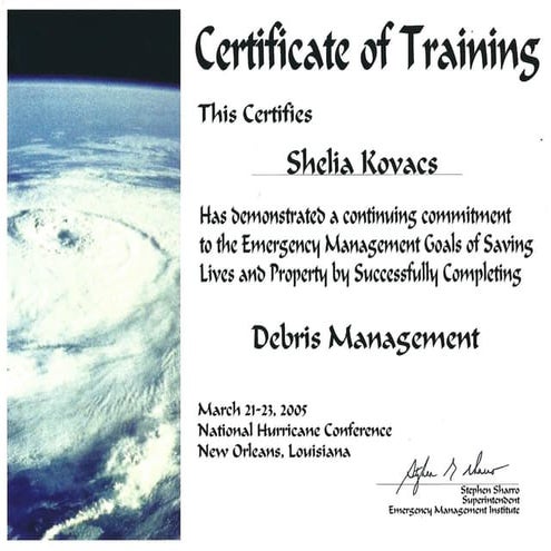 National Hurricane Conference-Certificate of Training-Debris Management ...