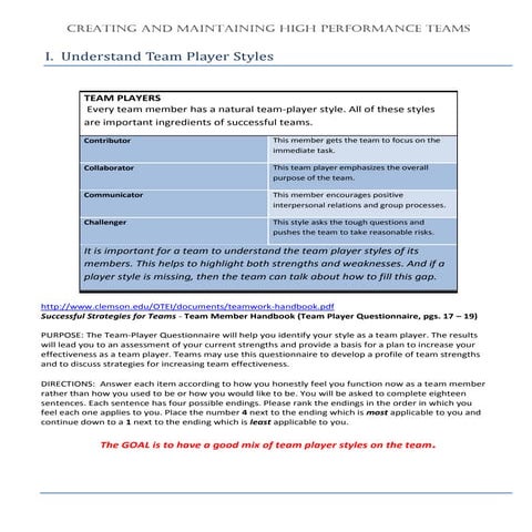 Experiential Exercise - Creating and Maintaining High Performance Teams ...