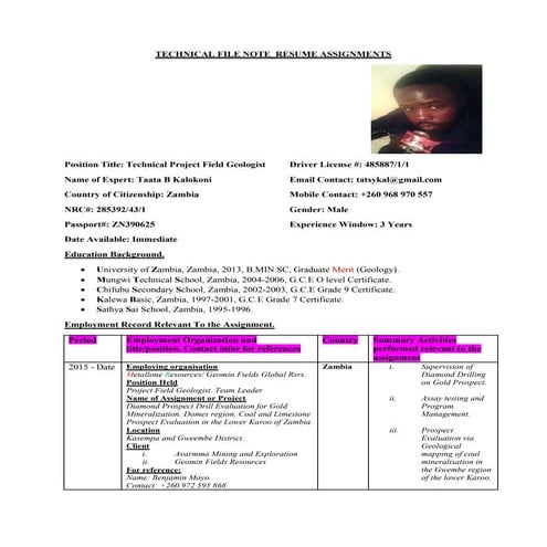 TECHNICAL FILE NOTE_RESUME ASSIGNMENTS | PDF