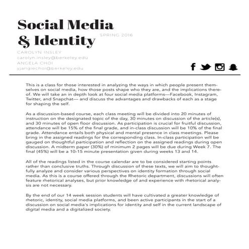 Social Media and Identity Syllabus Course Overview | PDF