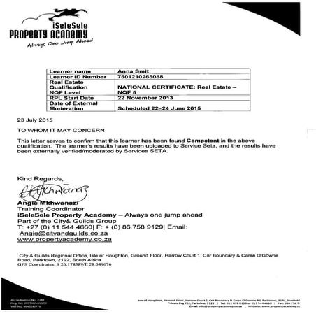 Anna Smit Competence NQF5 Certificate | PDF
