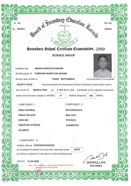 Matric Certificate PDF