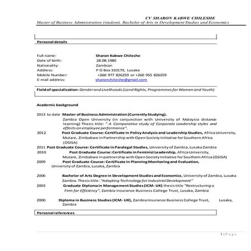 New Full CV Sharon K Chileshe 2016 | DOCX