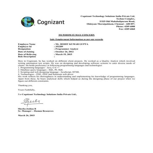 Wipro Experience Letter | PDF