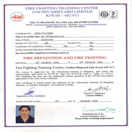 cochin Shipyard fire fighting training cert.PDF