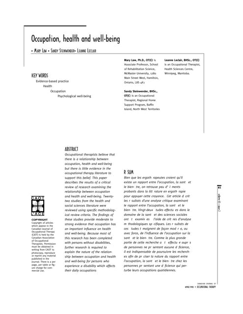 Occupational balance: The relationship between daily occupations and ...