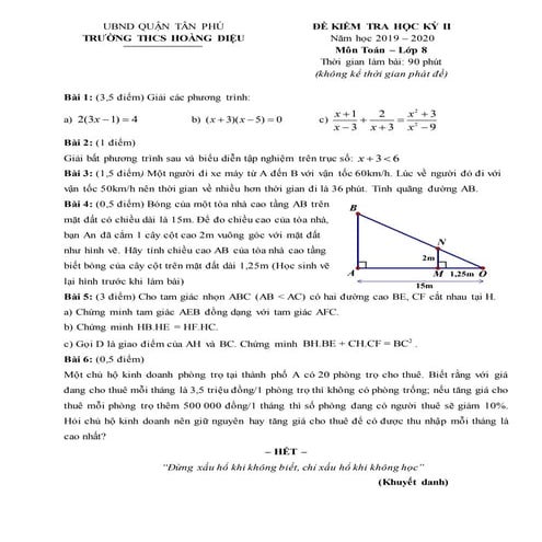Đề Thi HK2 Toán 8 - THCS Hoàng Diệu | DOCX