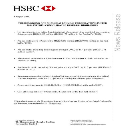 HSBC Front cover of Media Release The Hongkong and Shanghai Banking ...