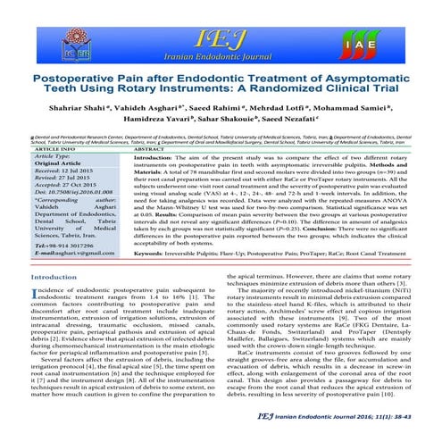 Postoperative Pain after Endodontic Treatment of Asymptomatic Teeth ...