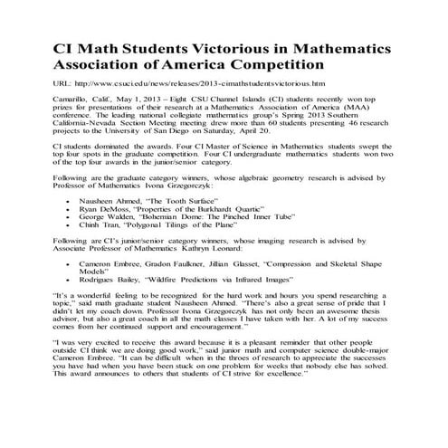 CI Math Students Victorious in Mathematics Association of America Competition | DOCX