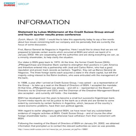 .credit-suisse Statement regarding BGN and Corporate Governance at CSG ...