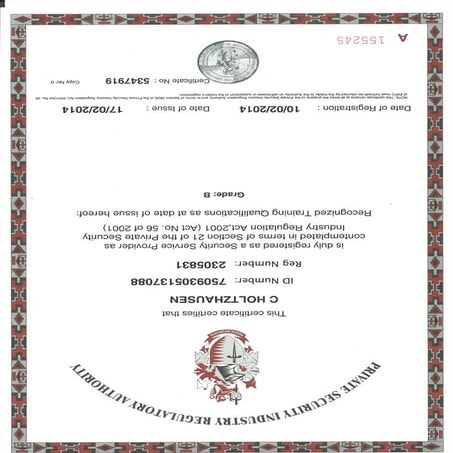 C Holtzhausen PSIRA Certificate | PDF