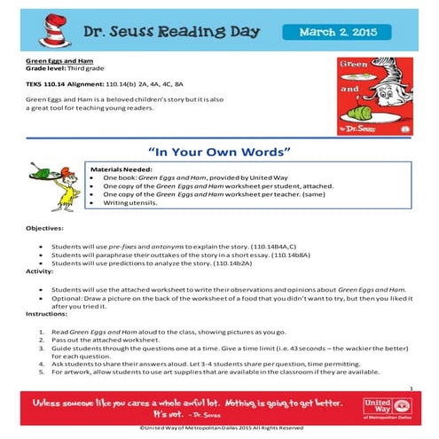 Dr Seuss Day 2015 Third Grade lesson plan | DOCX | Books and Literature