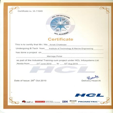 Certificate issued by HCL CDC. | PDF