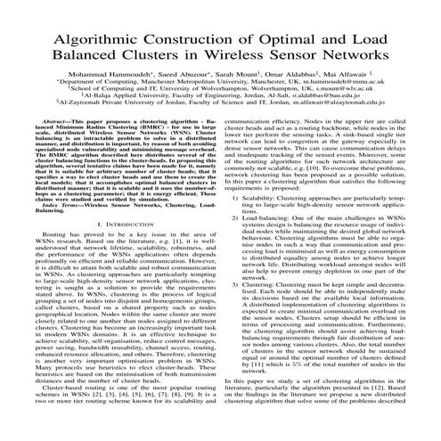 Algorithmic Construction Of Optimal And Load Balanced Clusters In Wireless Sensor Networks Pdf