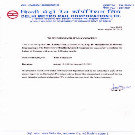 DMRC Certificate_Project | PDF