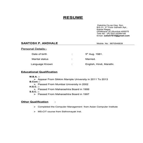 santosh resume.DOC | Business Accounting & Finance | Business