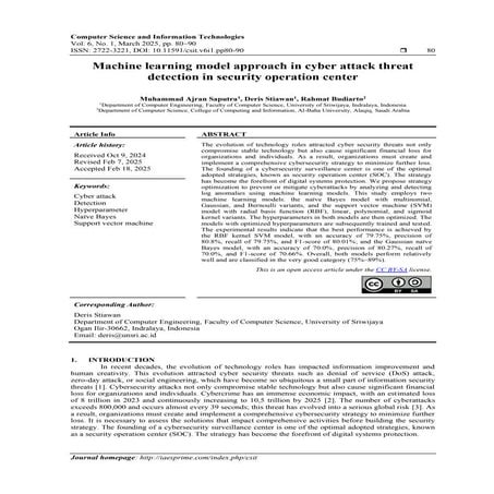Machine learning model approach in cyber attack threat detection in ...