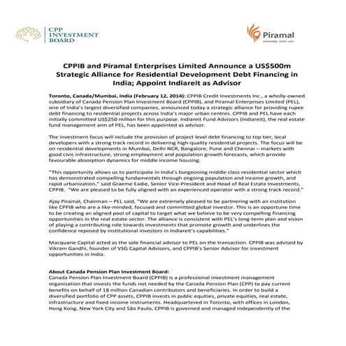 CPPIB_PEL Release Feb 12 2014 | PDF | Financial Industry | Industries