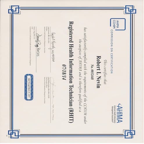 Robert Nevin RHIT Certification | PDF