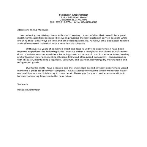 Hossein Makhmour Cover Letter | DOCX | Commercial Trucks | Auto Body Styles