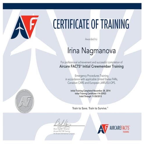 FACTS Initial Cabin Crew Training CERTIFICATENagmanova | PDF