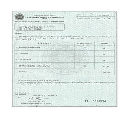 PRC Rating on Real Estate Broker - Teofilo Langato | PDF