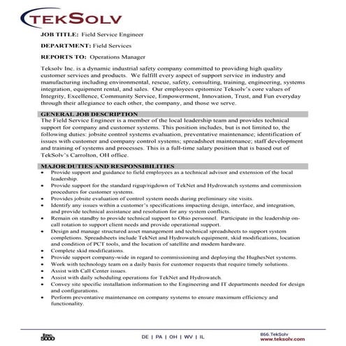 Field Service Engineer Job Description | PDF