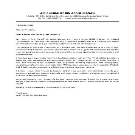 Cover Letter of Engineer Ahmed Sharaf | PDF
