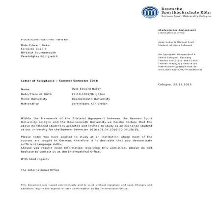 Cologne University Offer Letter | PDF