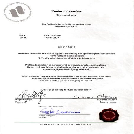 Uddannelsesbevis, kontor, Lis Kristensen | PDF