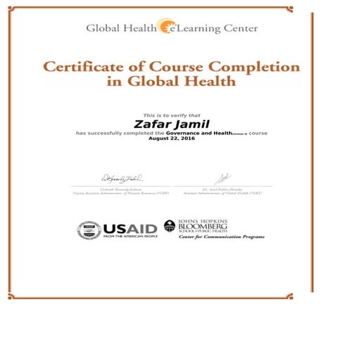 Global Health eLearning Center Certificate - Governance and Health | PDF