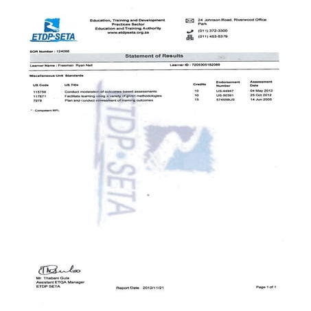 Statements of results Facilitator Assessor Moderator | PDF
