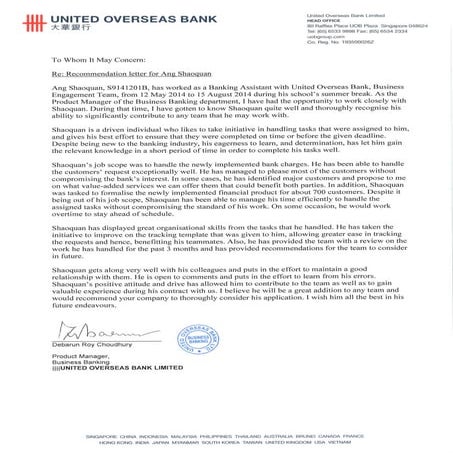 Recommendation Letter - UOB | PDF