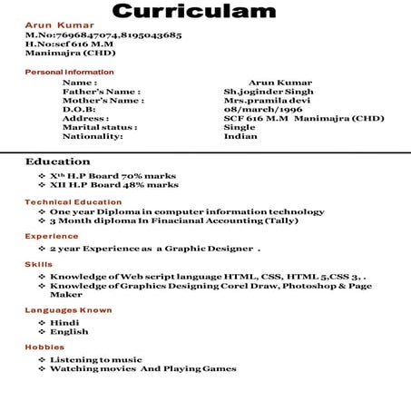 arun Kumar cv | DOCX