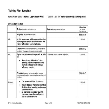 Training Plan Template - Honey & Mumford Learning Model | PPT