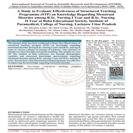 A Study to Evaluate Effectiveness of Structured Teaching Programme STP on Knowledge Regarding ...