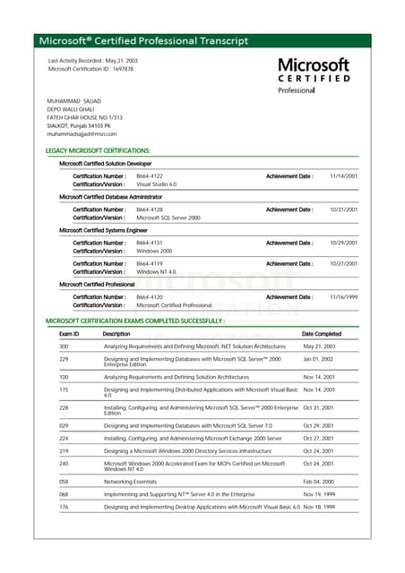 Microsoft Certified Professional Transcript | PDF